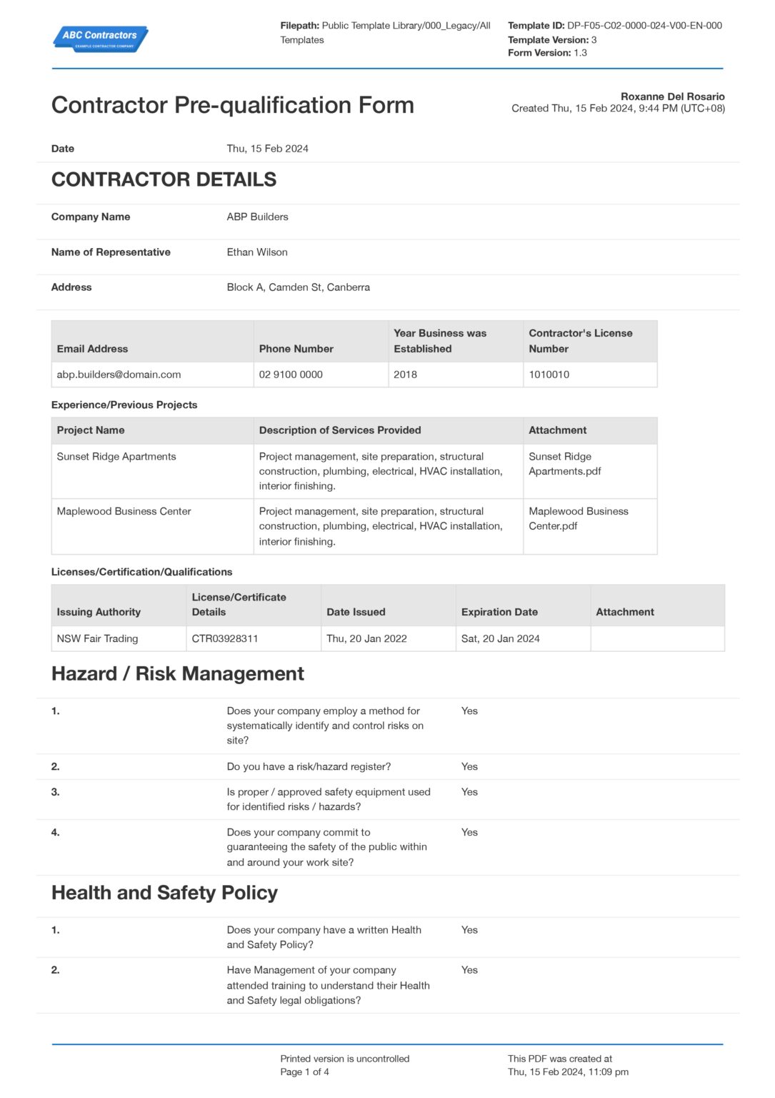 Contractor Pre-Qualification Checklist Template: Free Form