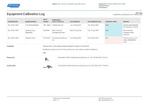 Equipment Calibration Log Template and Example PDF Form
