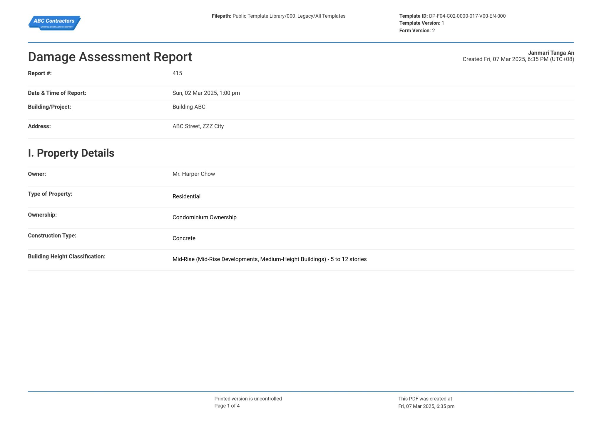 Damage Assessment Report Template and Sample PDF Form