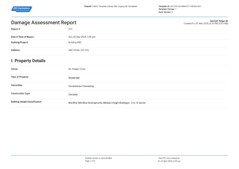 Damage Assessment Report Template and Sample PDF Form