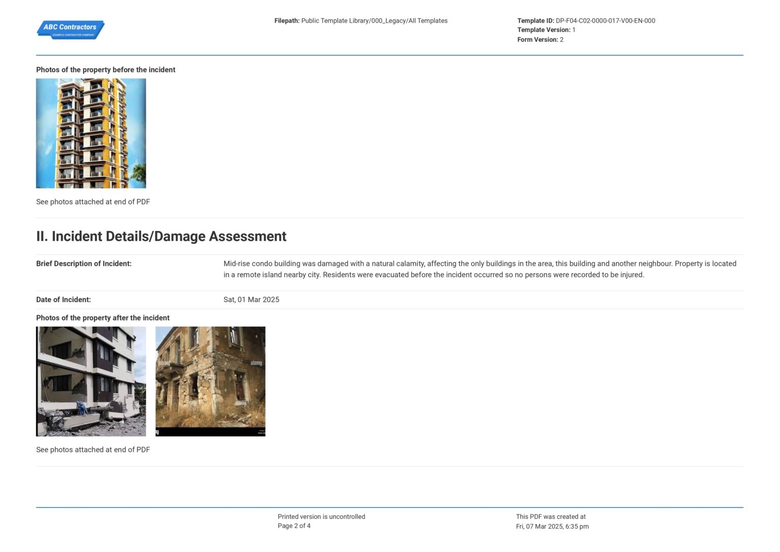 Damage Assessment Report Template and Sample PDF Form