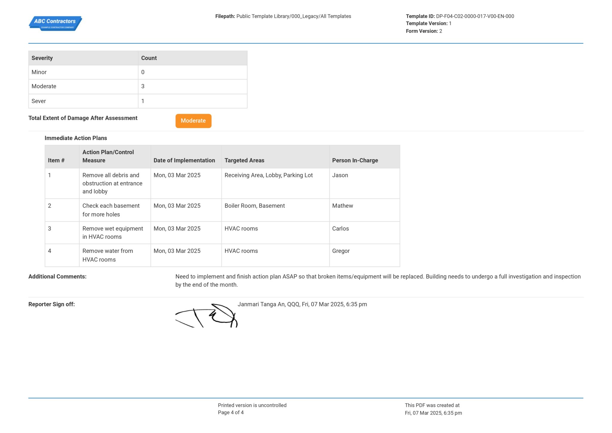 Damage Assessment Report Template and Sample PDF Form