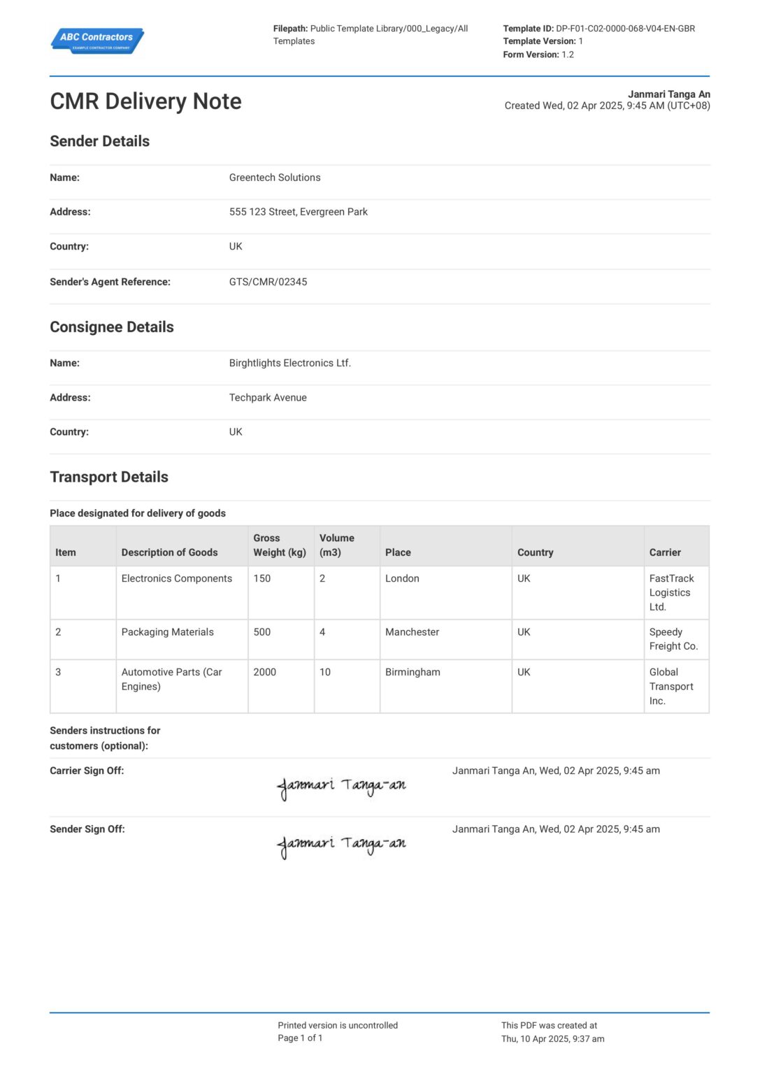CMR Consignment Note Template and Example PDF Form