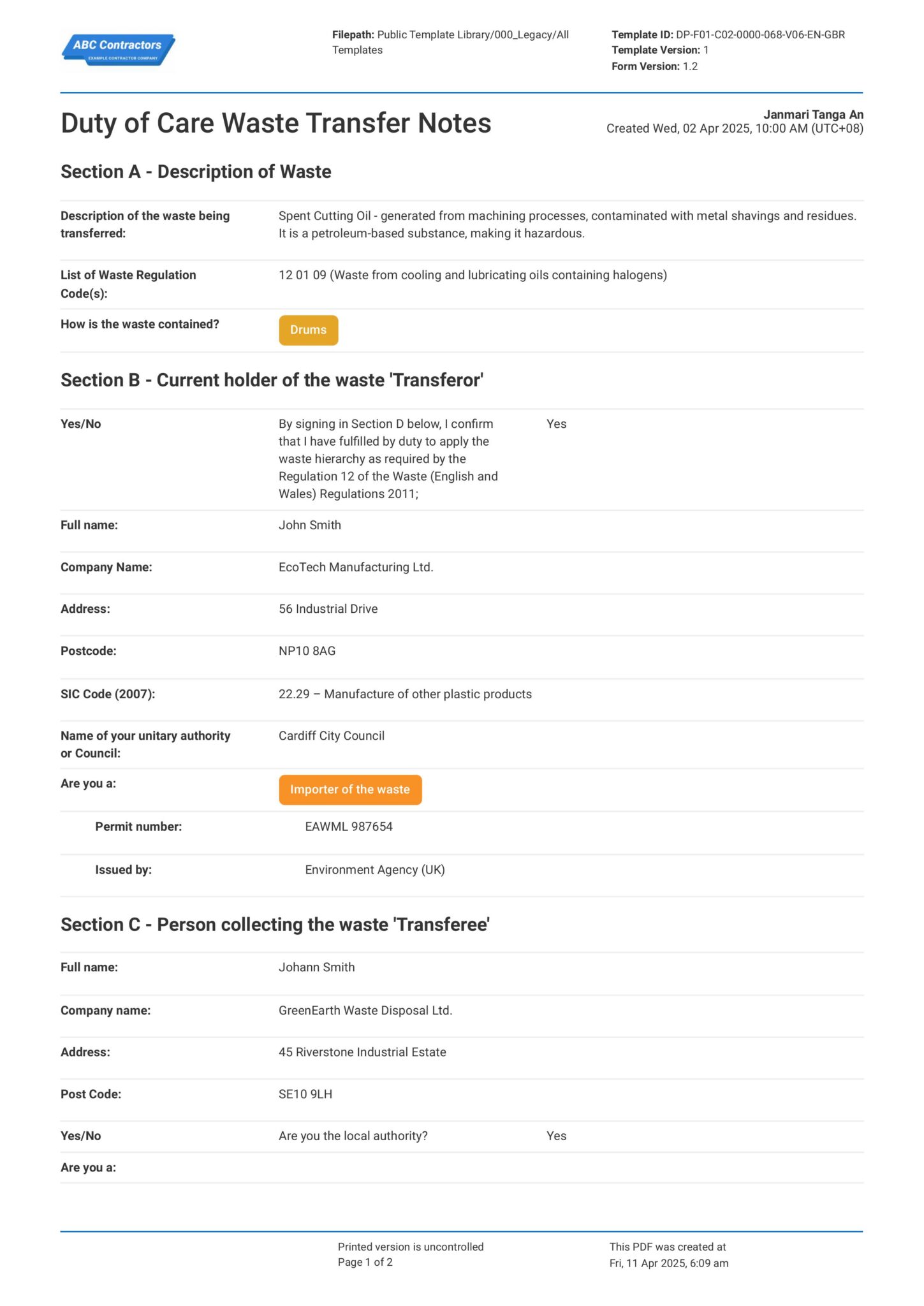 Duty of Care Waste Transfer Note Template and Example Form