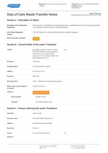 Duty of Care Waste Transfer Note Template and Example Form