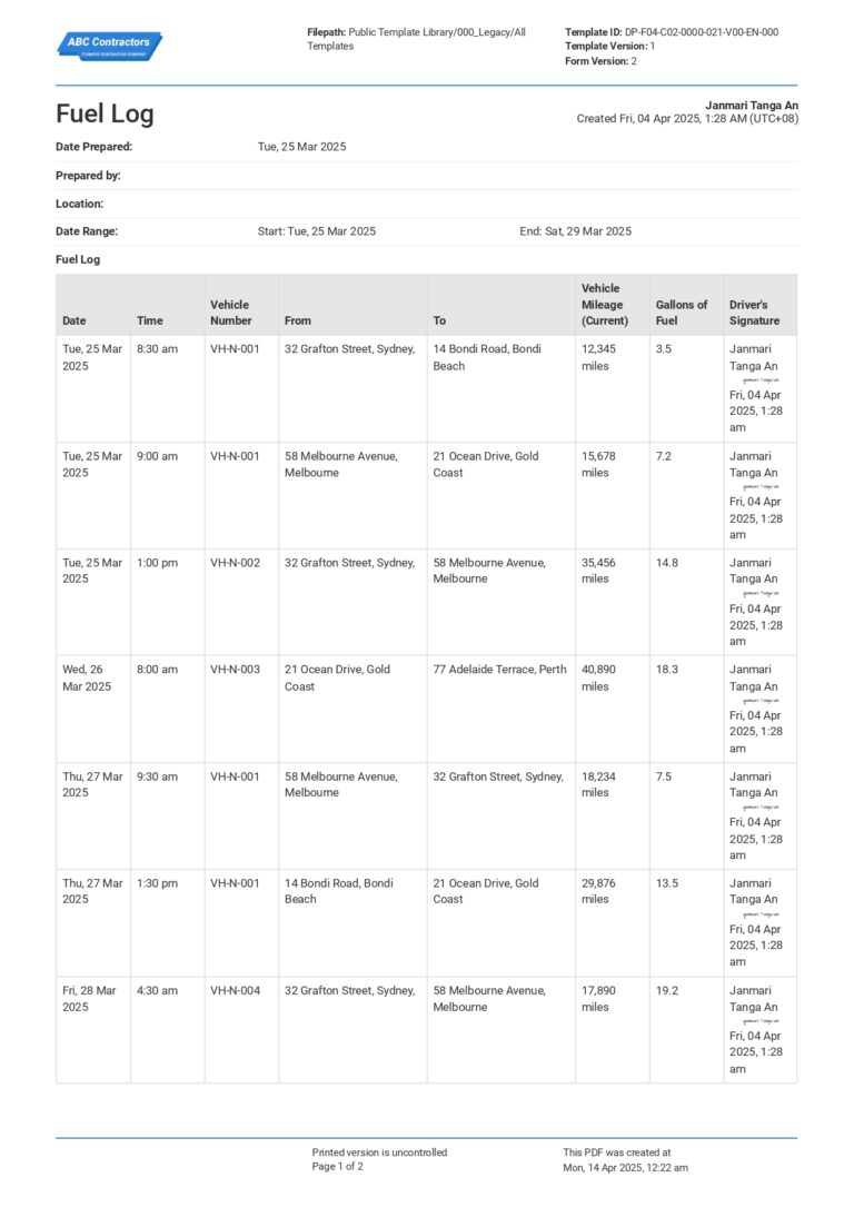 Fuel Log Template: Editable Sheet and Free Printable PDF