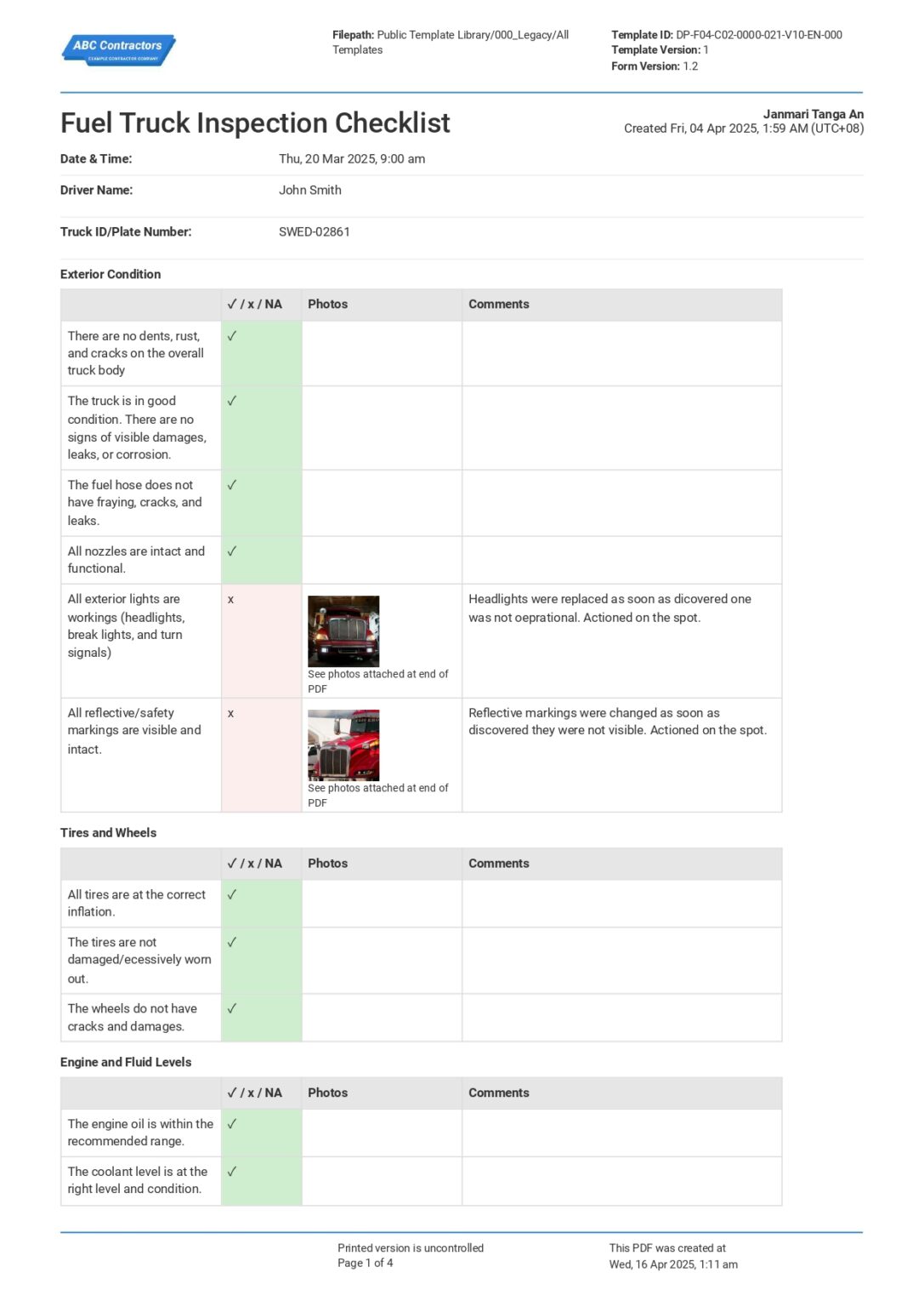 Fuel Truck Inspection Checklist: Free, Editable Template