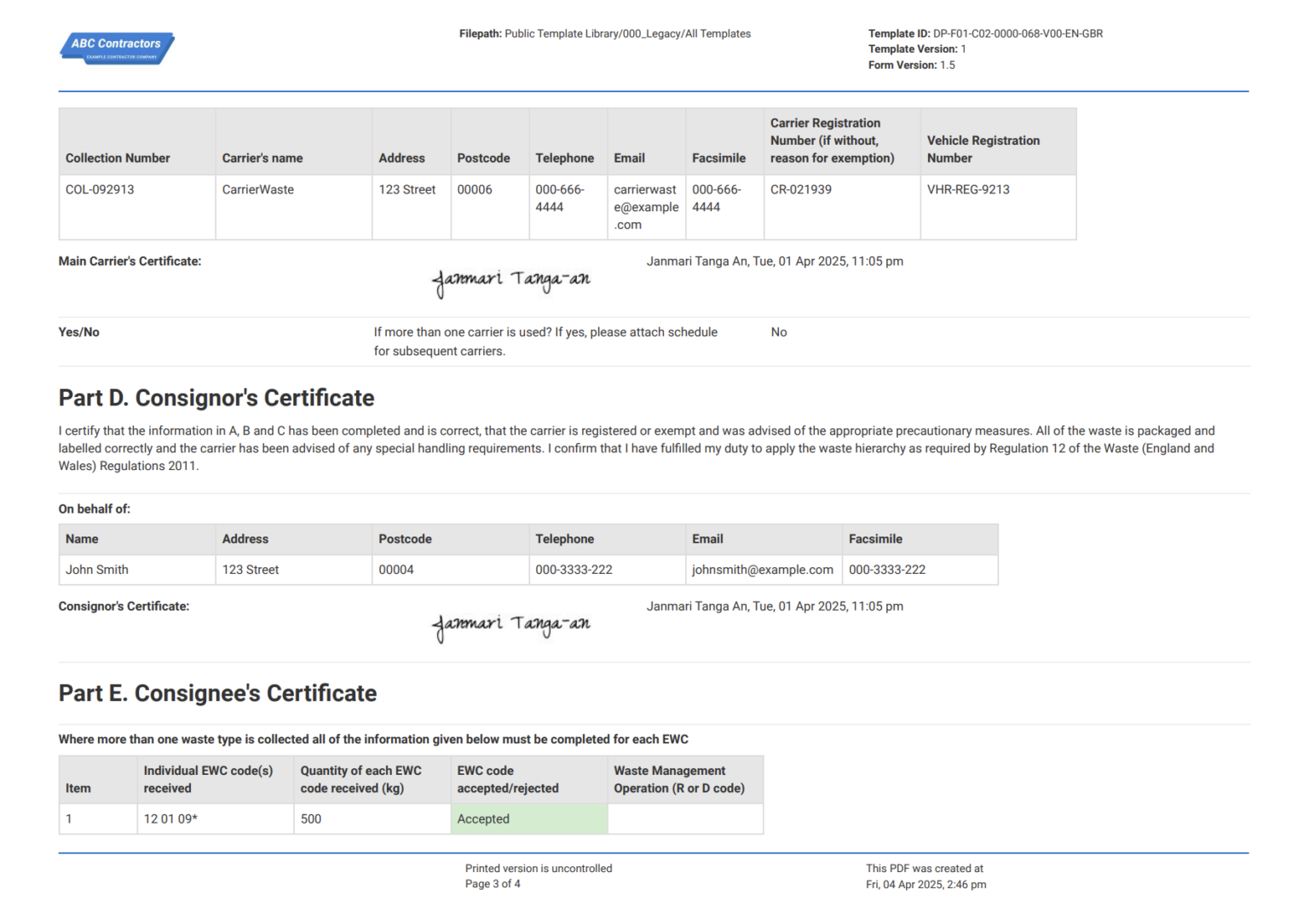Hazardous Waste Consignment Note Template and PDF Example