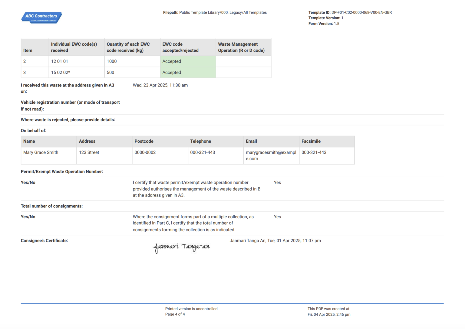 Hazardous Waste Consignment Note Template and PDF Example