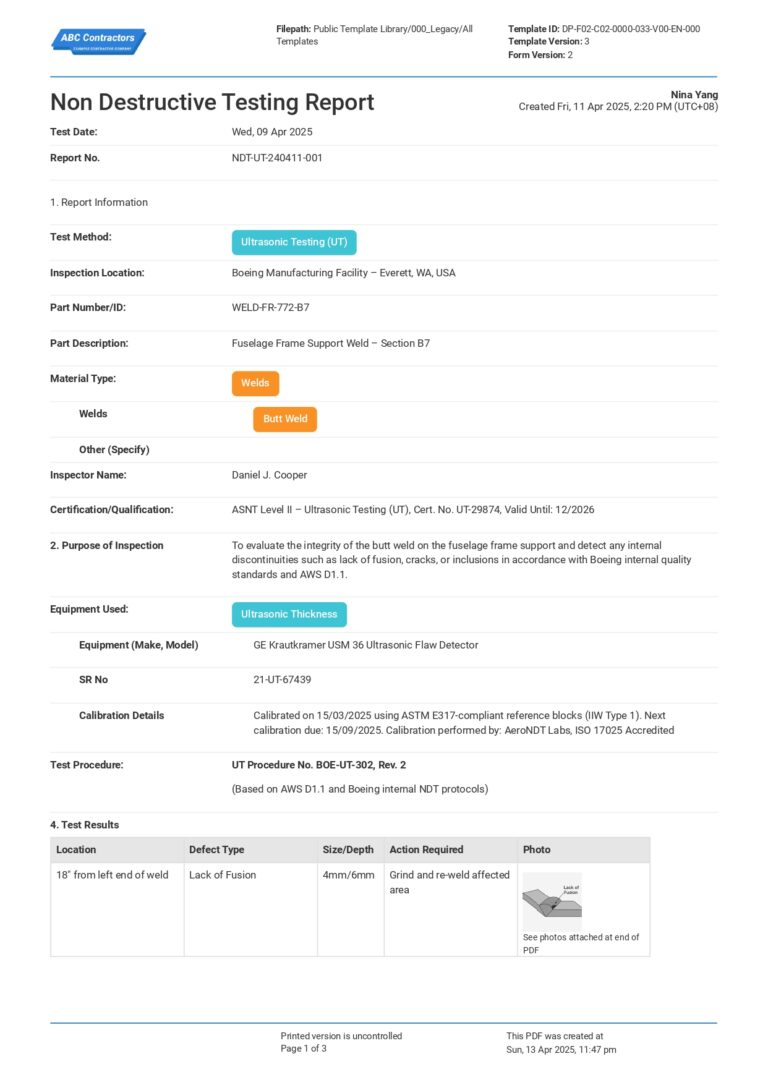 Non Destructive Testing Report Template and Example PDF