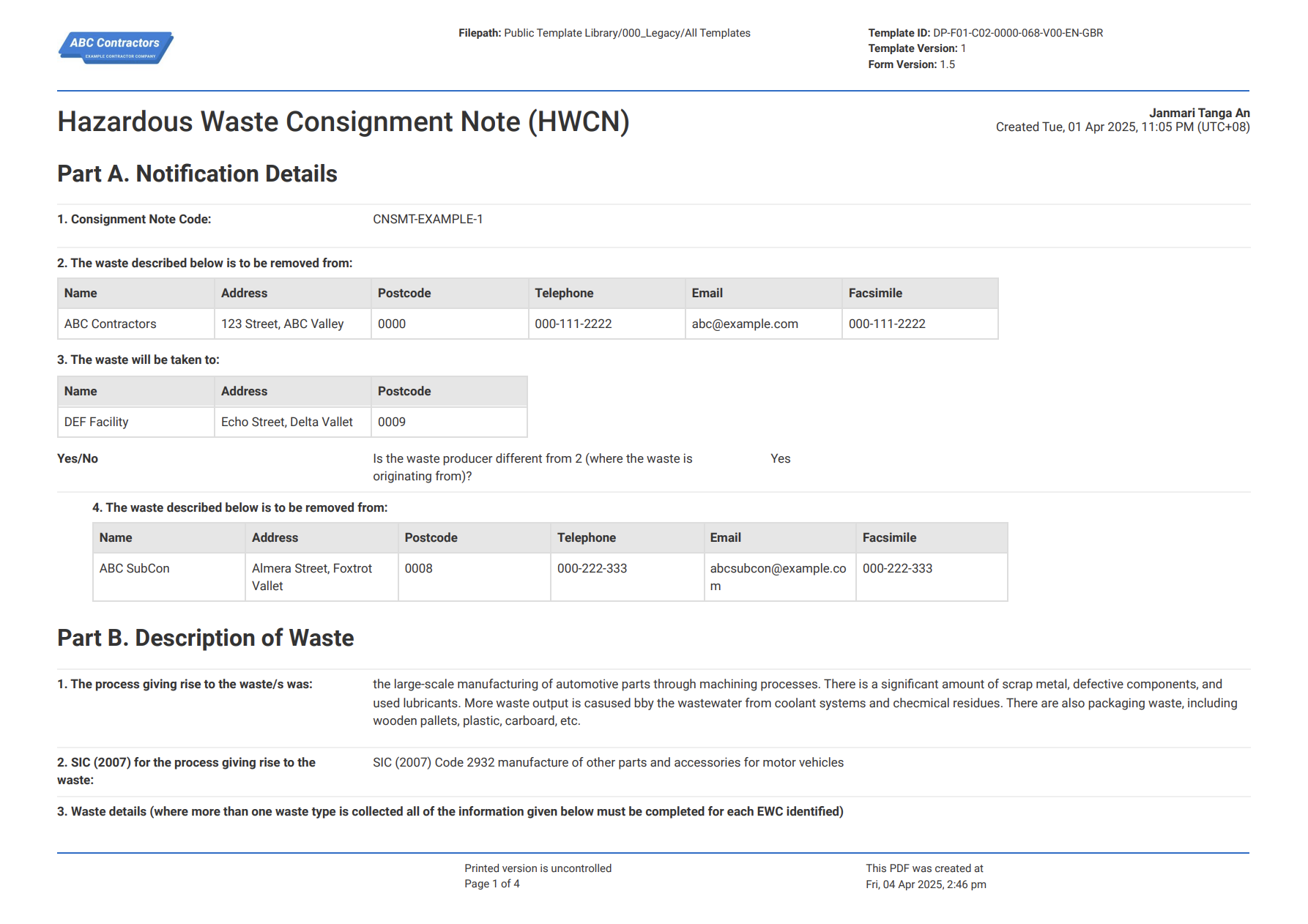 Hazardous Waste Consignment Note Template and PDF Example