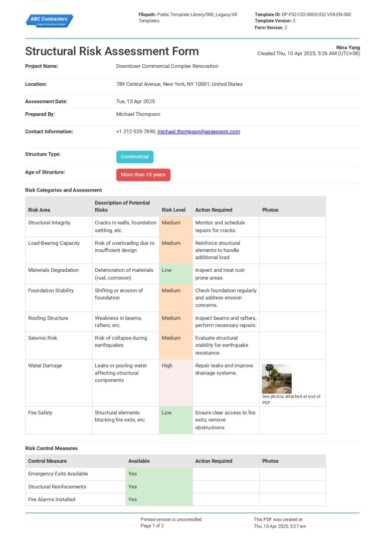 Structural Risk Assessment Template and Proven Format