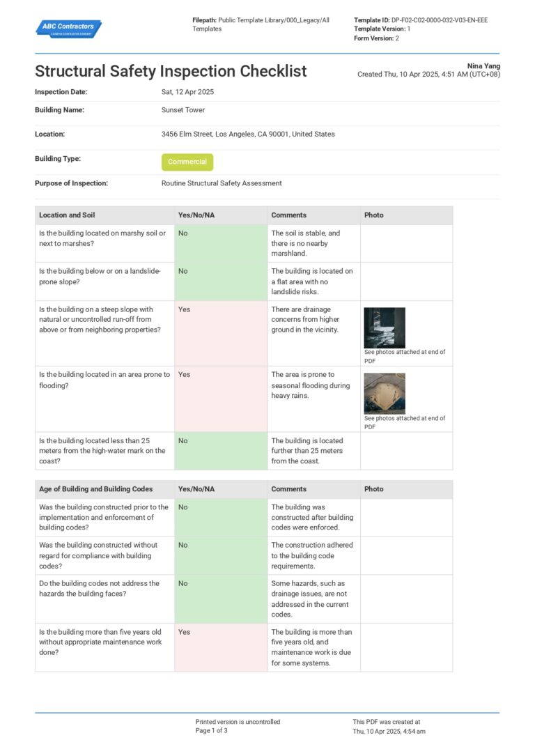 Structural Inspection Checklist Template and Report PDF