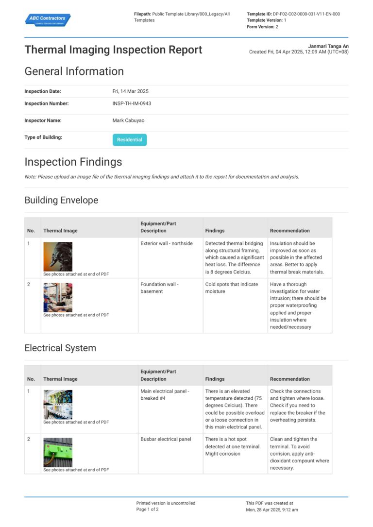 Thermal Imaging Inspection Report Template, Free PDF Format