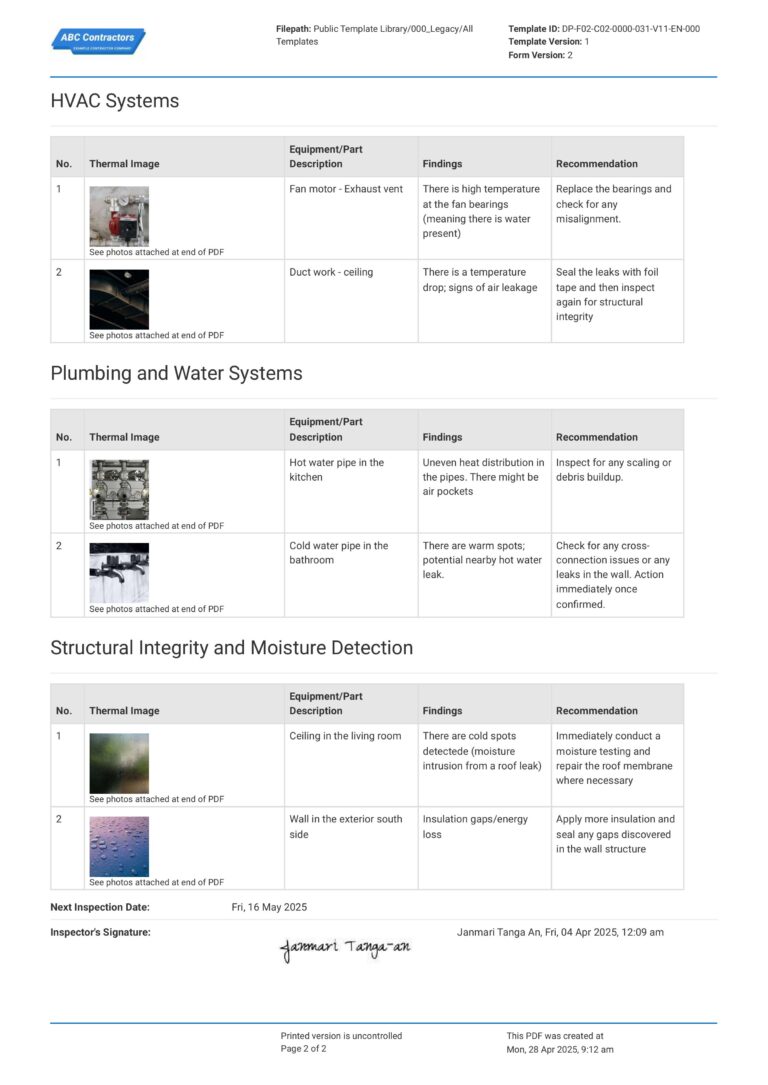 Thermal Imaging Inspection Report Template, Free PDF Format