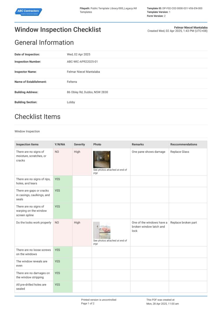 Window Inspection Checklist Template, Free Editable PDF Example