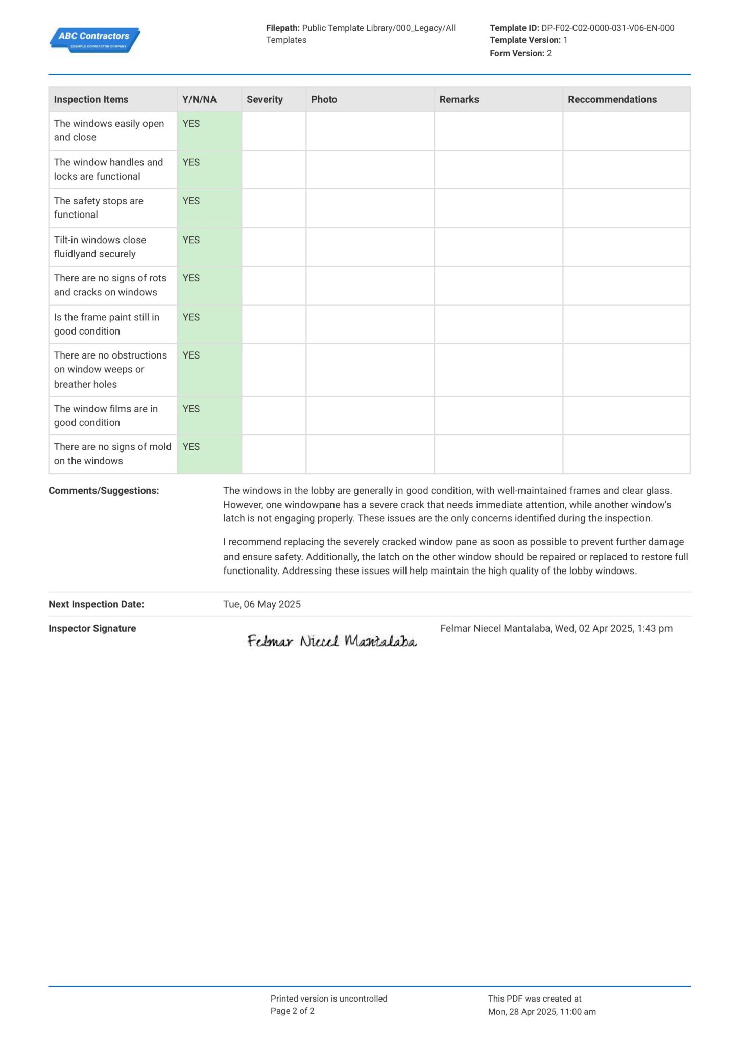 Window Inspection Checklist Template, Free Editable PDF Example