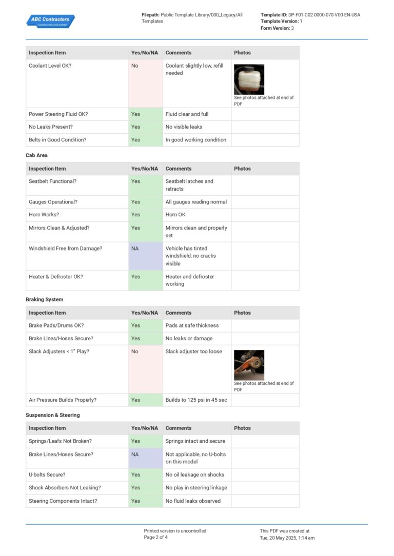 CDL Pre-Trip Inspection Checklist Template and Free PDF
