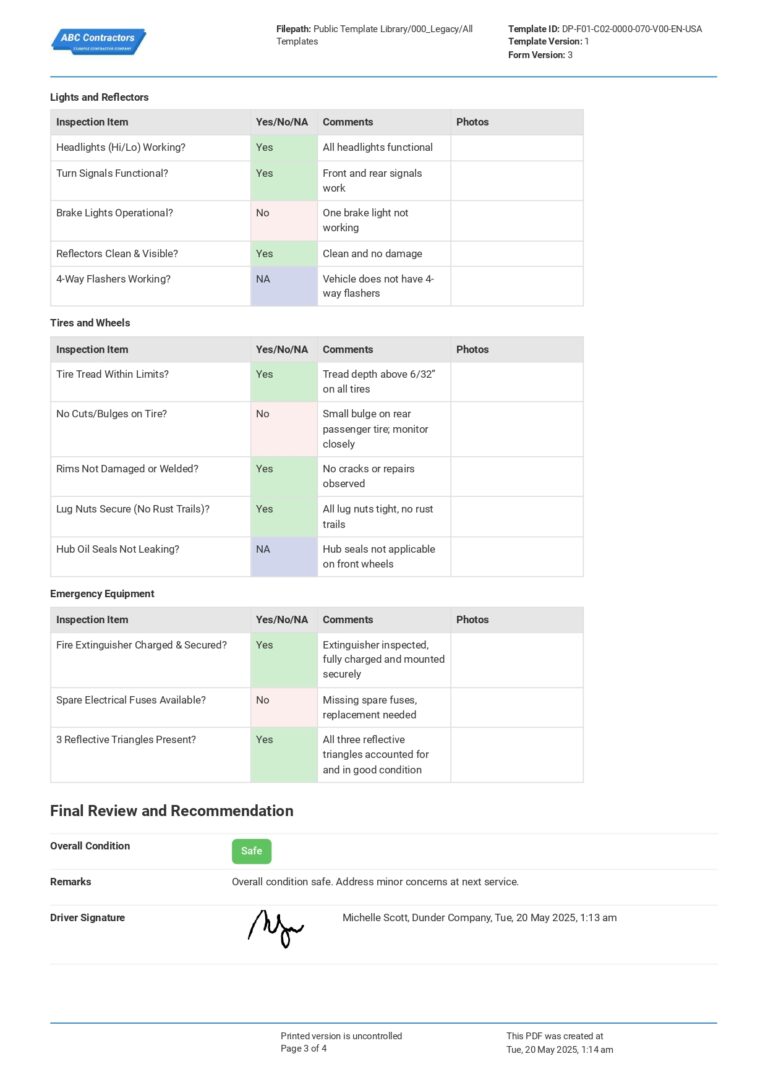 CDL Pre-Trip Inspection Checklist Template and Free PDF