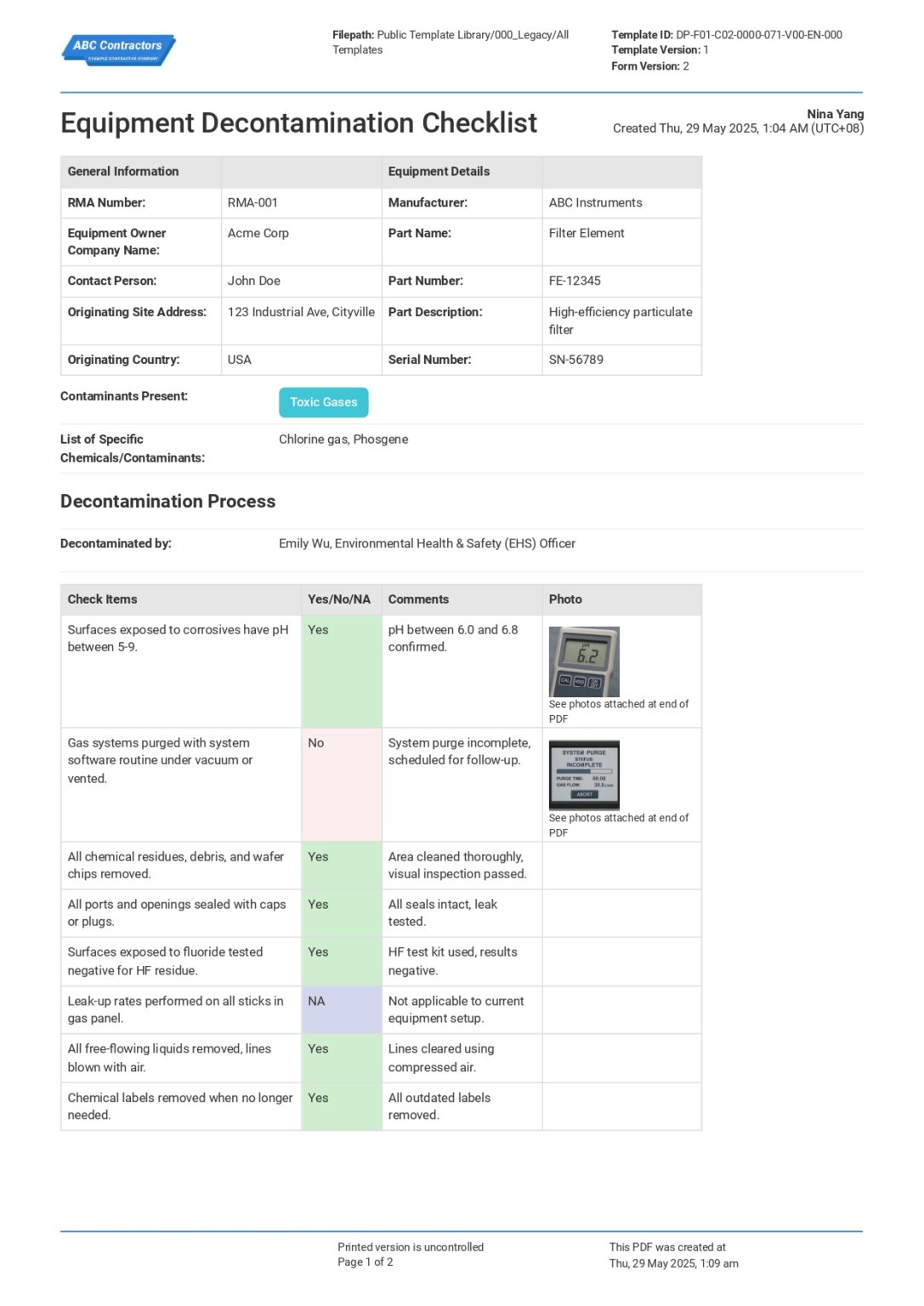 Equipment Decontamination Checklist Template – for Hazmat, PPE