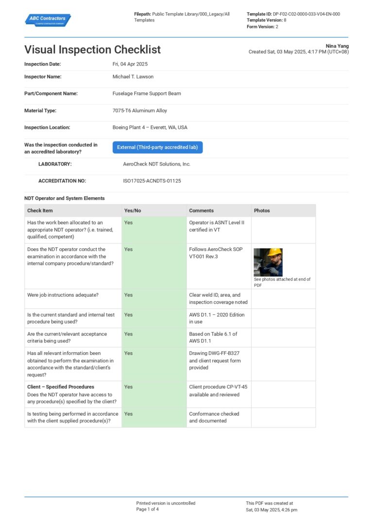Visual Inspection Checklist Template and PDF Report