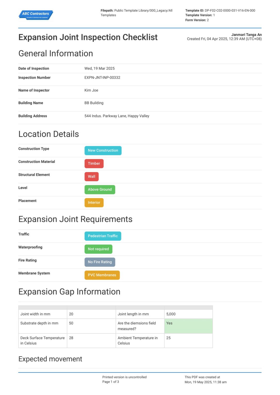 Expansion Joint Inspection Checklist Template Free PDF Download