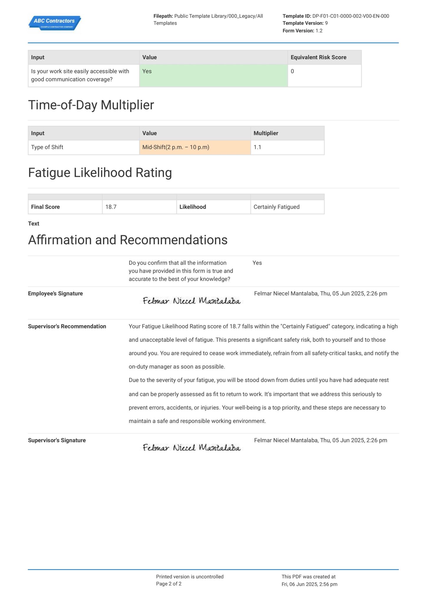 Fatigue Risk Calculator Template – Free Risk Assessment Example