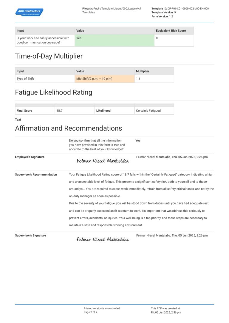 Fatigue Risk Calculator Template – Free Risk Assessment Example
