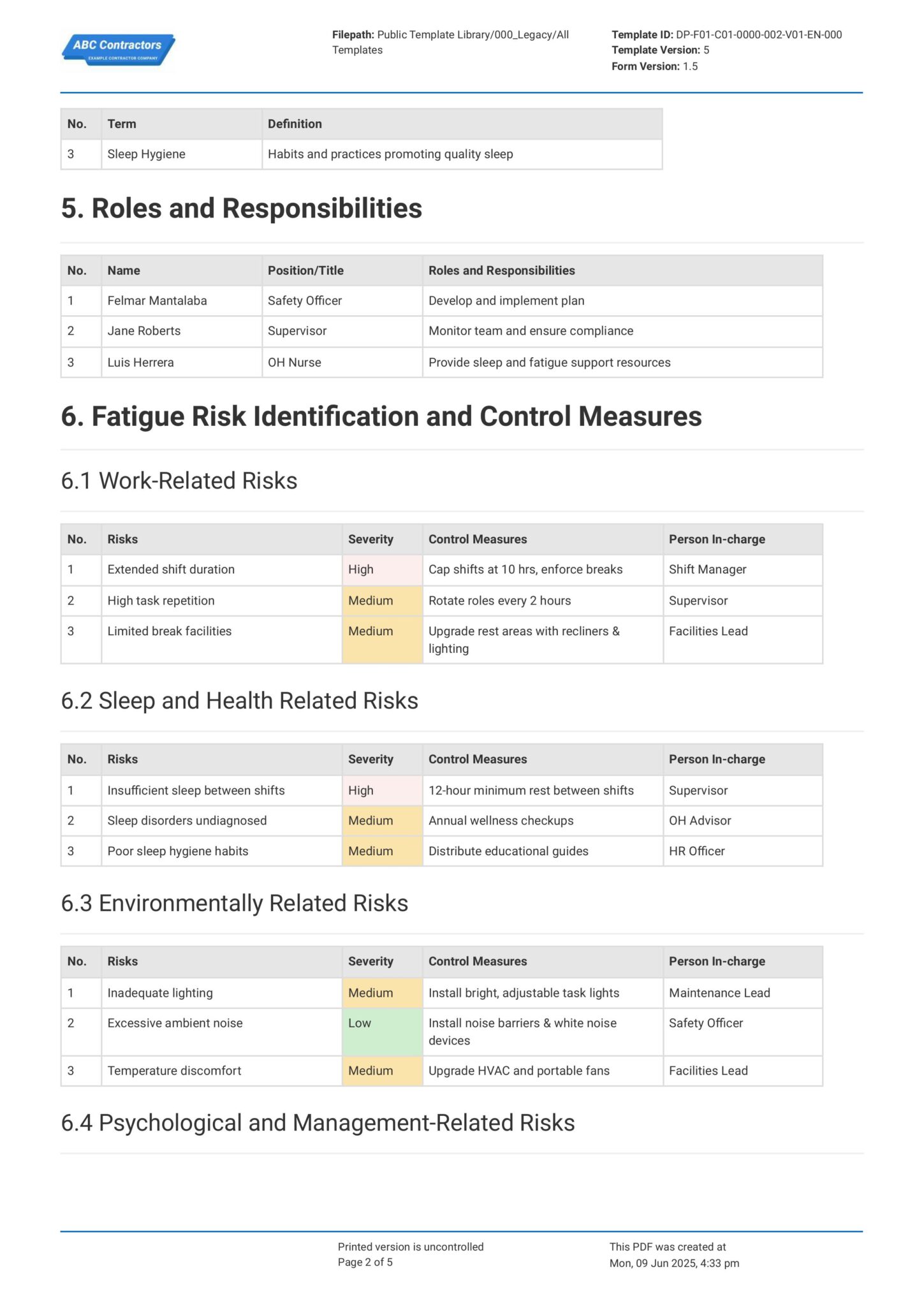 Fatigue Risk Management Plan Template, Sample PDF Example