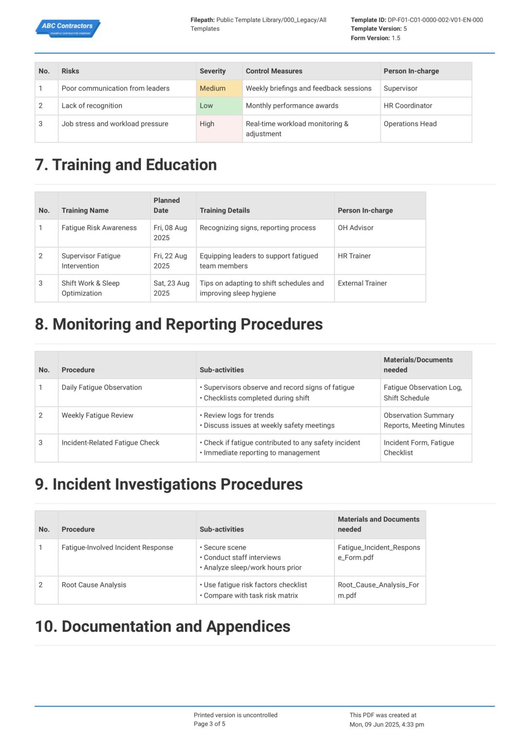 Fatigue Risk Management Plan Template, Sample PDF Example