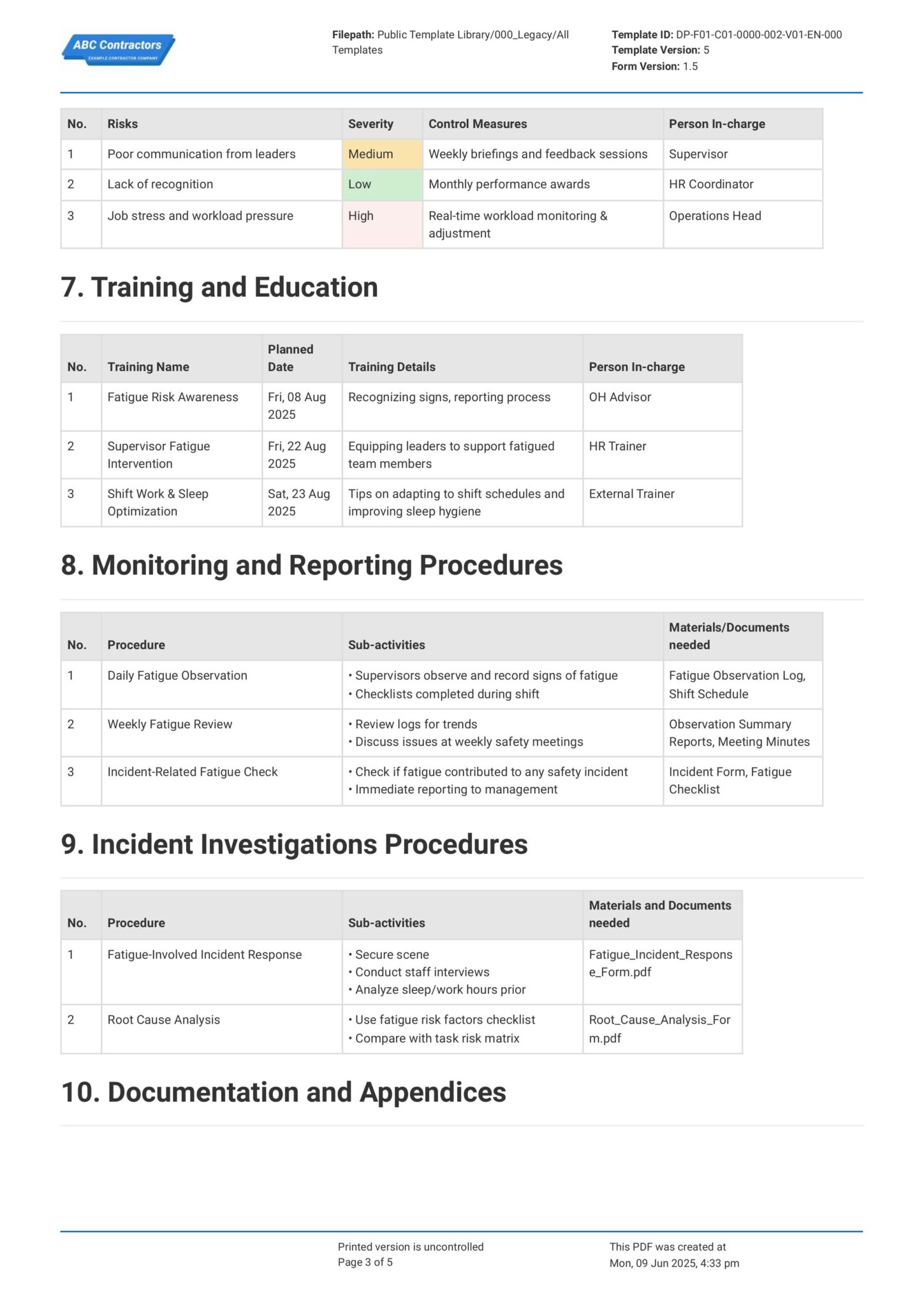 Fatigue Risk Management Plan Template, Sample PDF Example