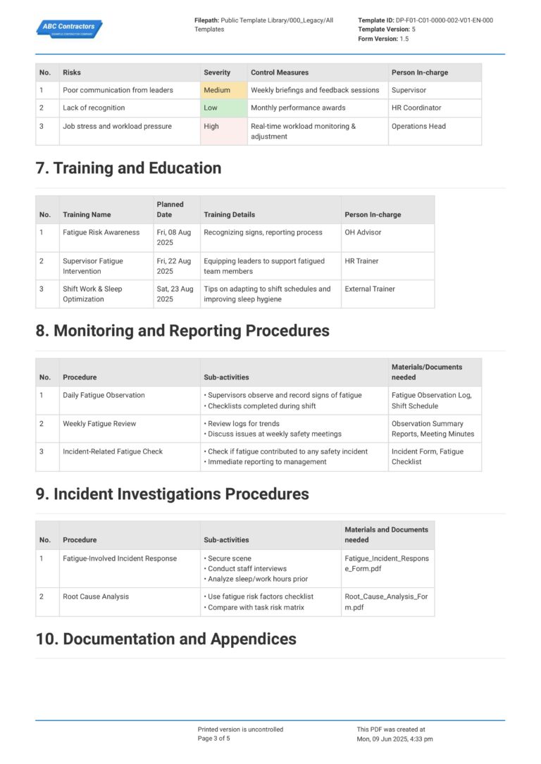 Fatigue Risk Management Plan Template, Sample PDF Example