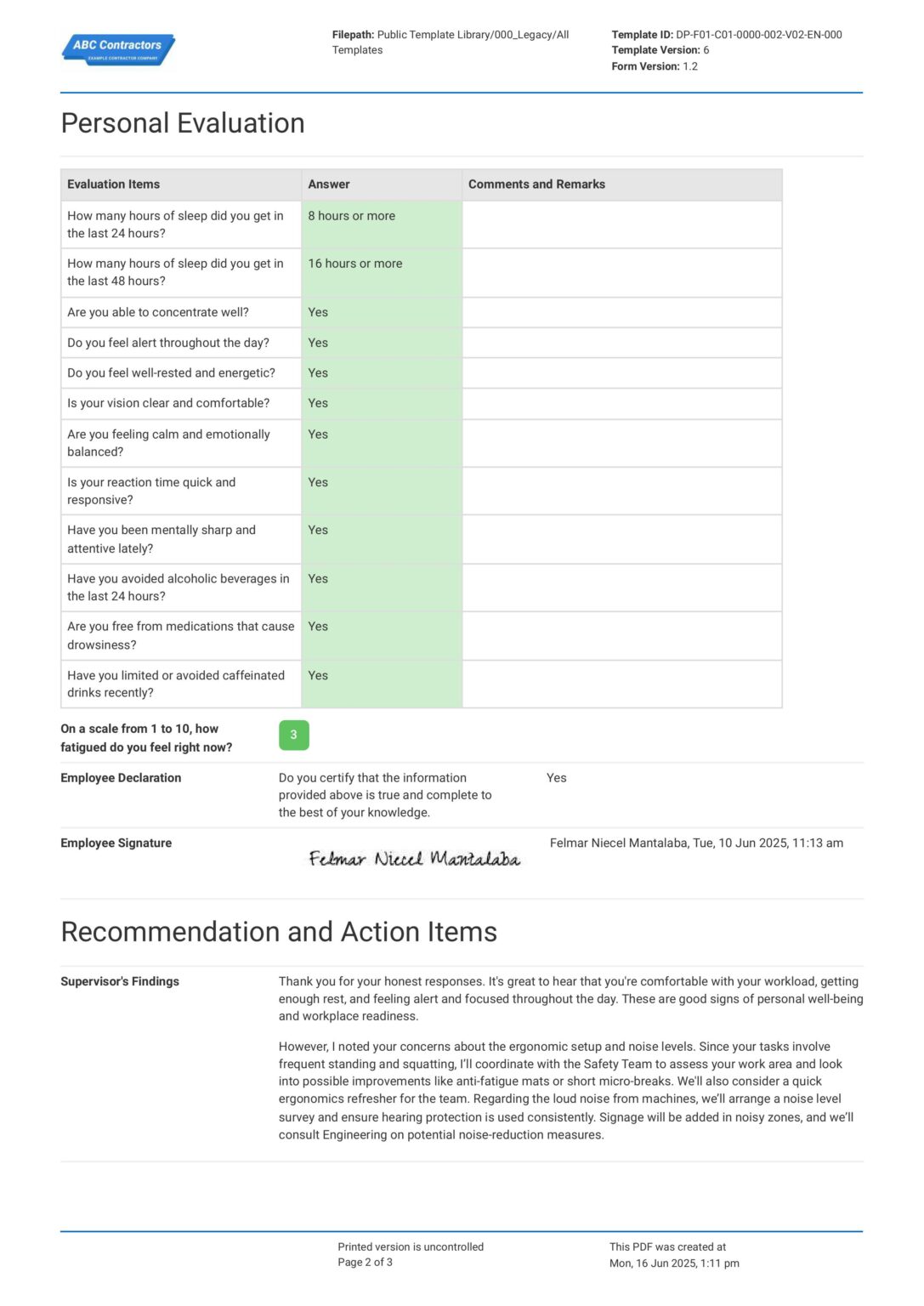 Fatigue Self-Assessment Form Template - Free PDF Checklist