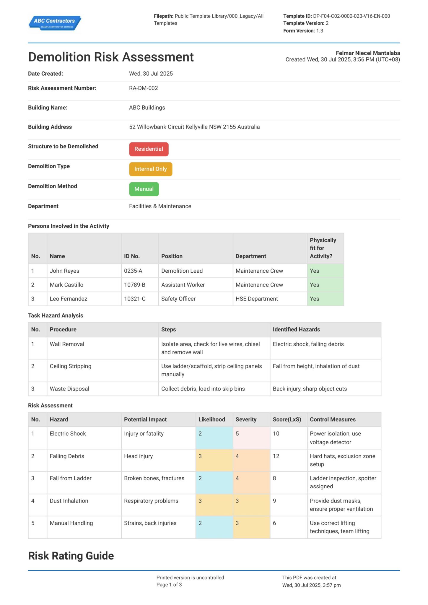 Risk Assessment for Demolition Template - Example PDF Sample