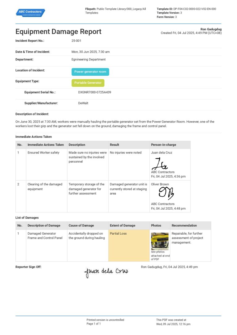 Equipment Damage Report Template Free Download Sample PDF
