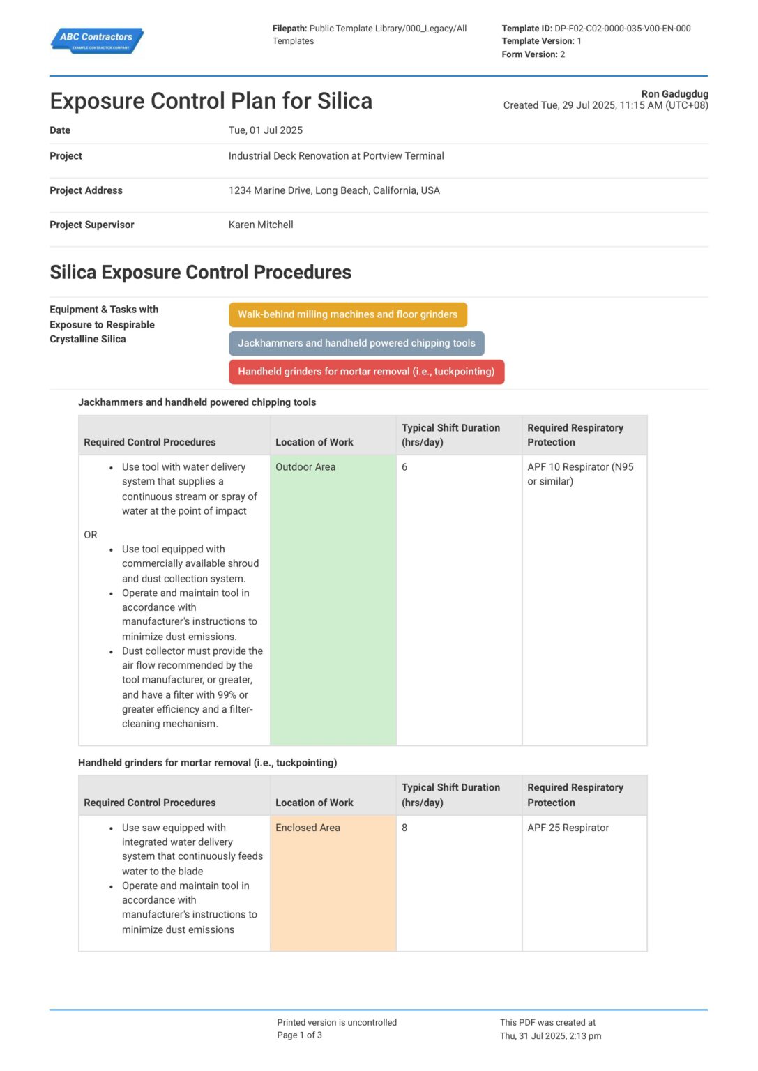 Exposure Control Plan for Silica Template - Free PDF Checklist