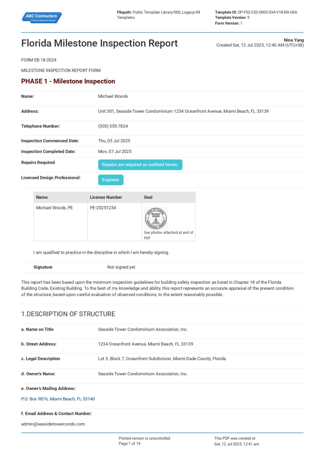 Florida Milestone Inspection Report Template - PDF Building Code