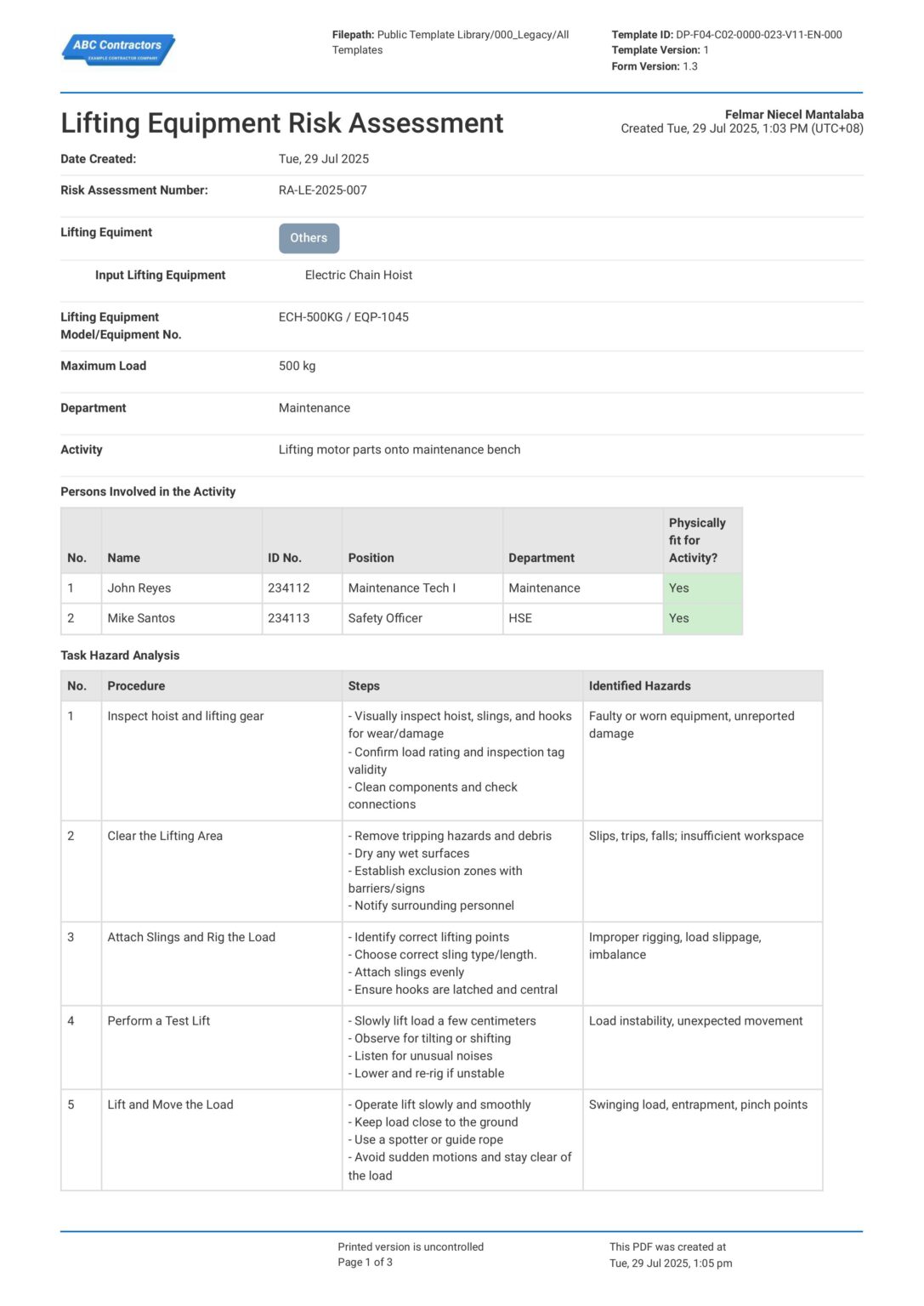 Risk Assessment for Lifting Operation Template - Free Example