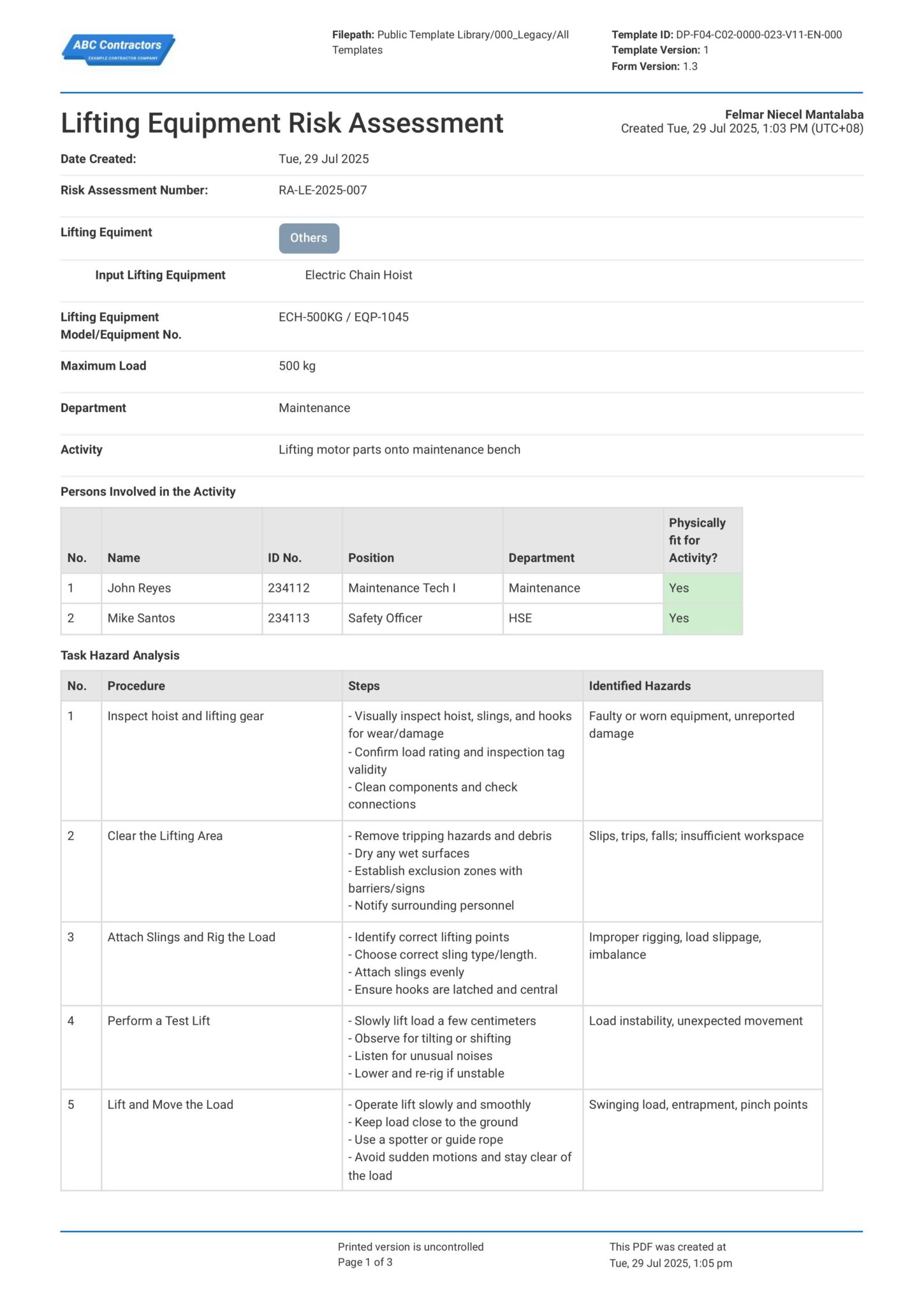 Risk Assessment for Lifting Operation Template - Free Example