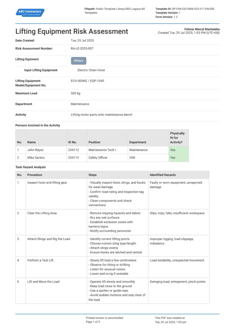 Risk Assessment for Lifting Operation Template - Free Example
