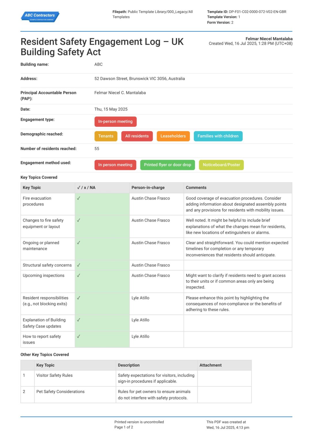 Resident Safety Engagement Log Template UK Building Safety Act