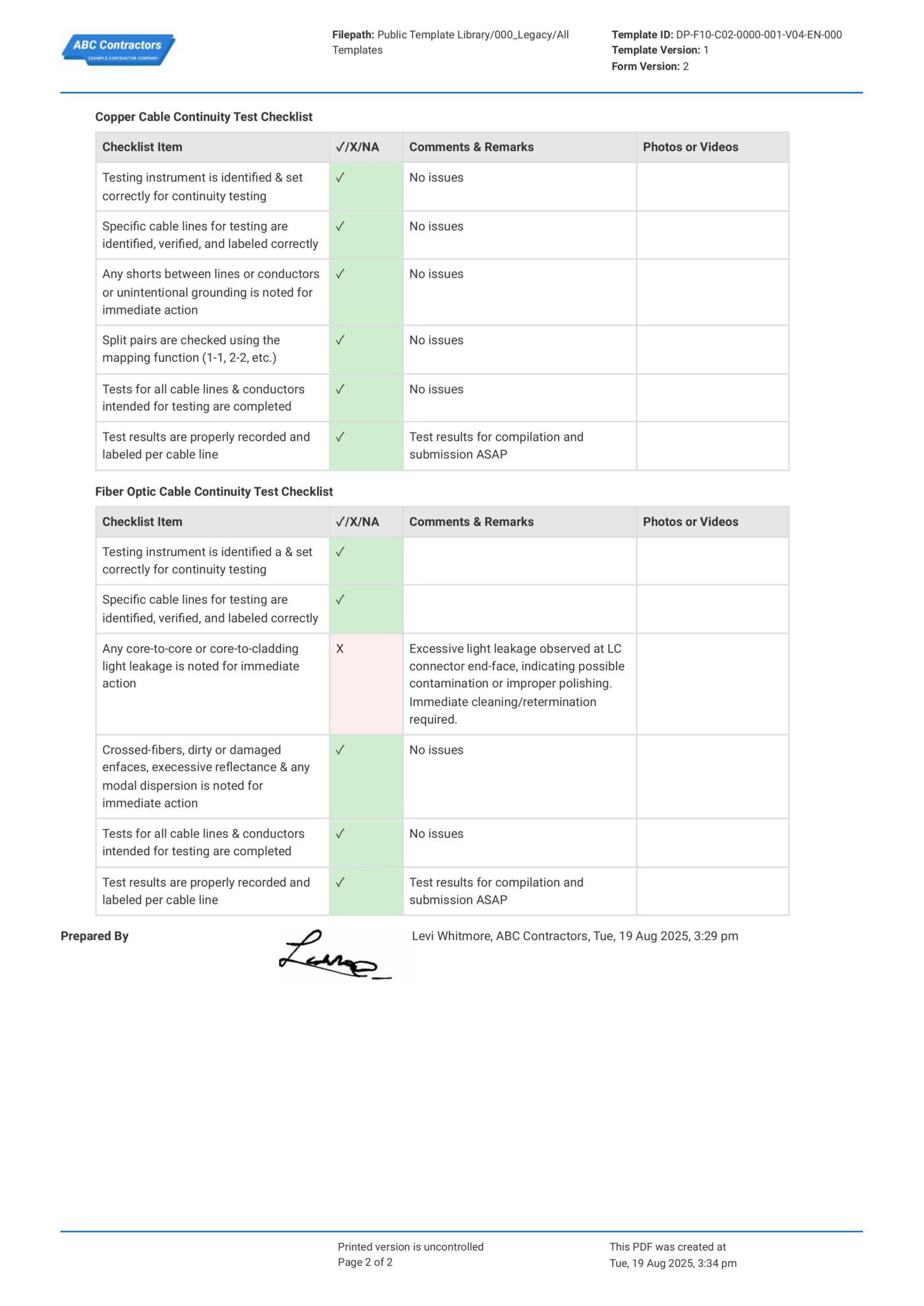 Cable Continuity Test Checklist Template - Free PDF Tester Report