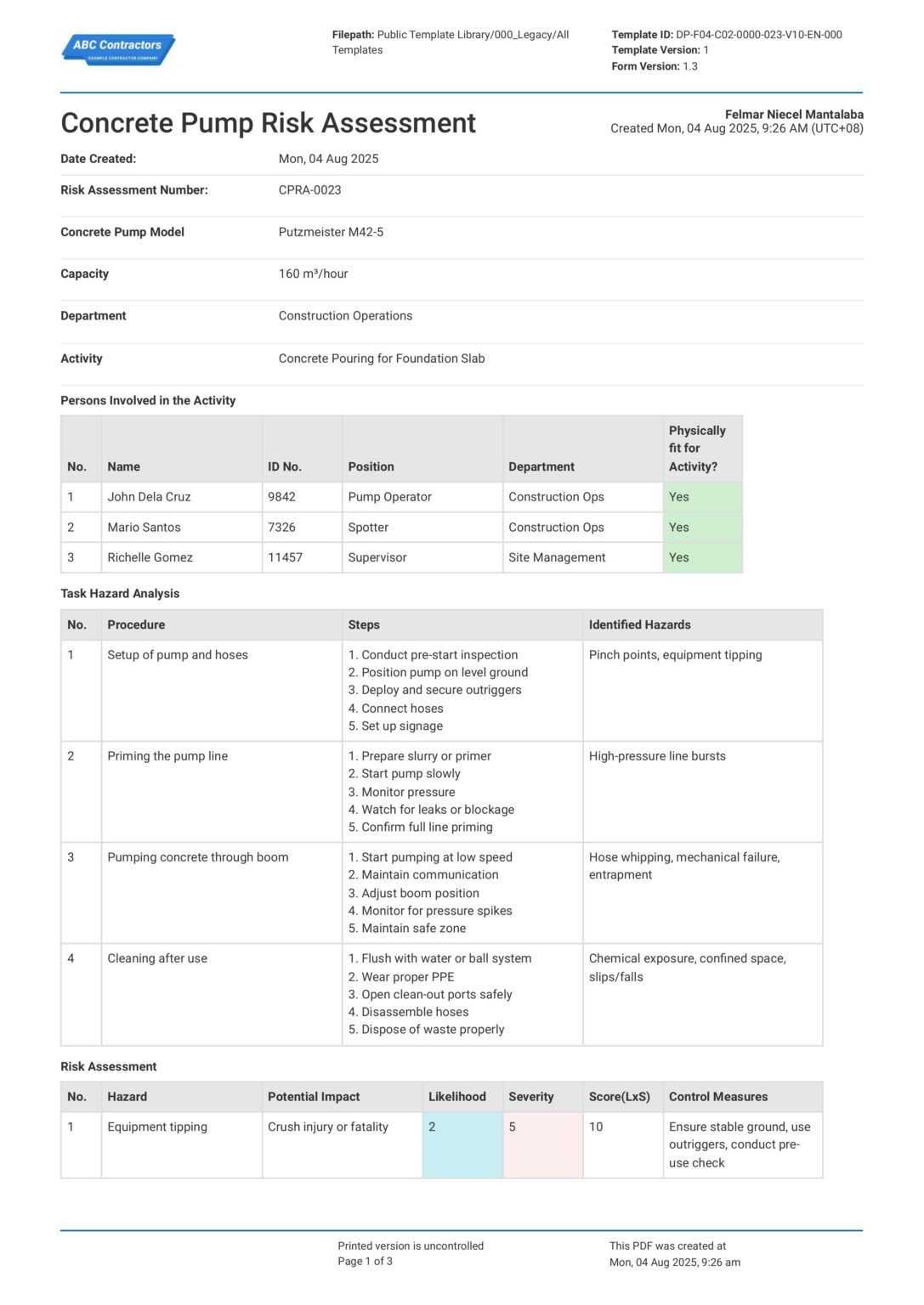 Concrete Pumping Risk Assessment Template - Free Safety Form