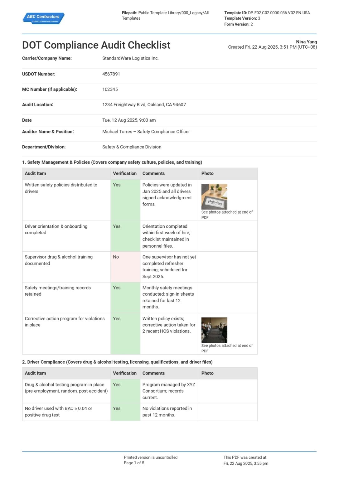 Template Page – DOT Audit Checklist - Sitemate