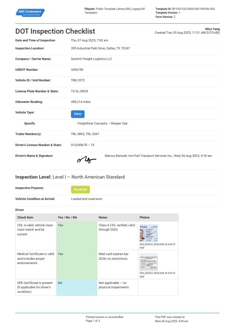 DOT Inspection Checklist Template Free PDF Truck Requirements