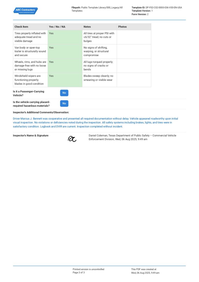 DOT Inspection Checklist Template Free PDF Truck Requirements