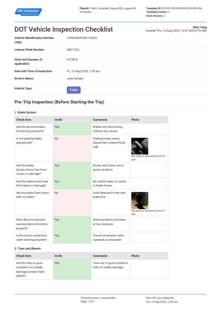 DOT Vehicle Inspection Checklist Template - Free PDF, for Virginia