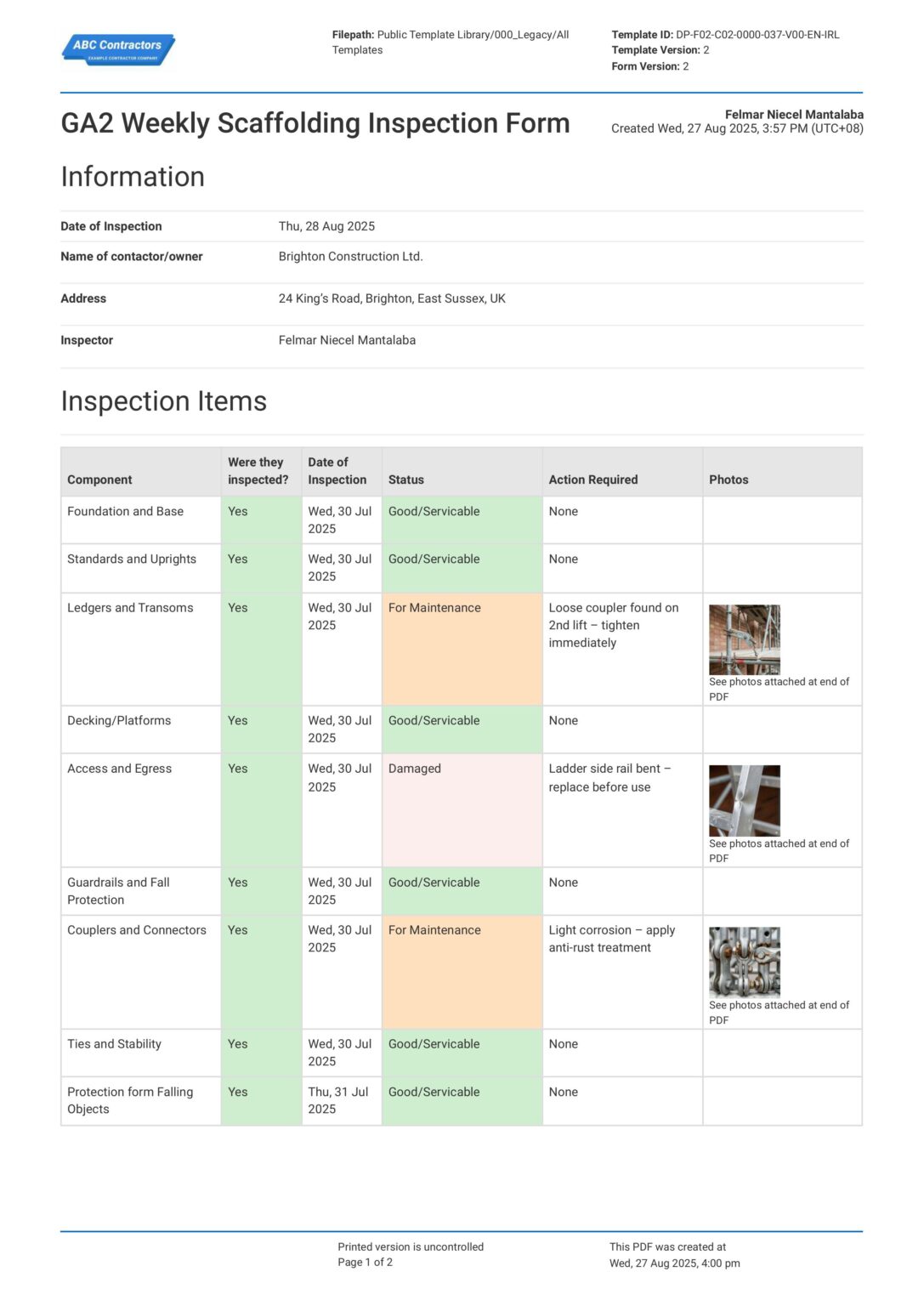 GA2 Form: Scaffolding Inspection Template - Free Checklist PDF