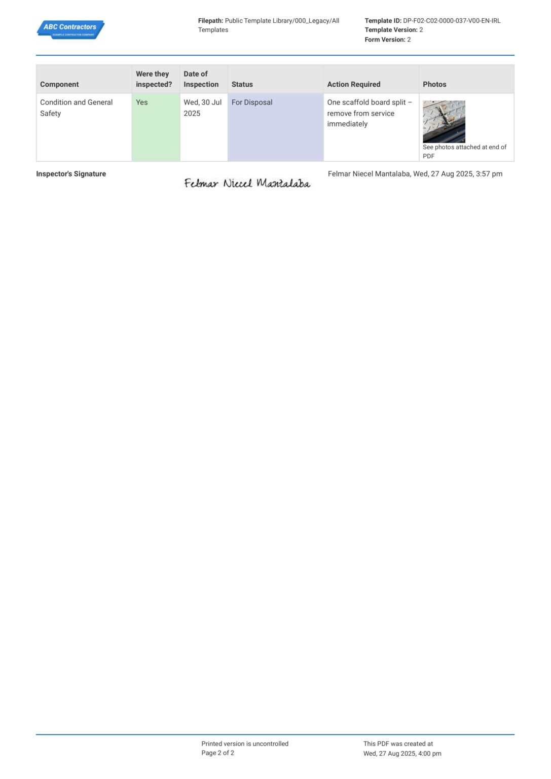 GA2 Form: Scaffolding Inspection Template - Free Checklist PDF