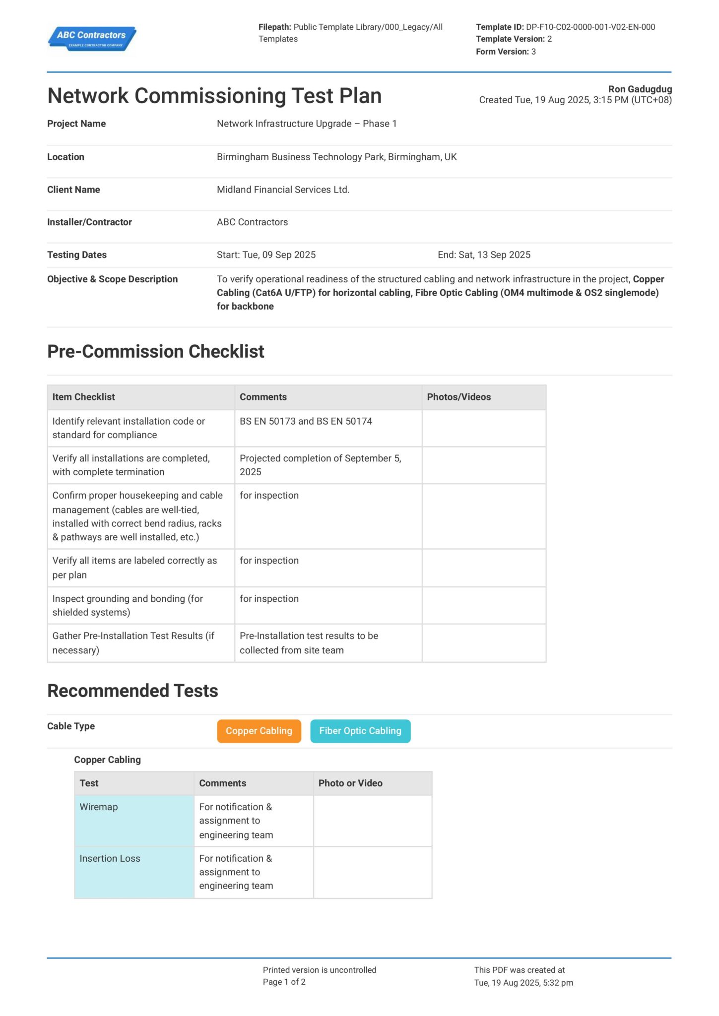 Network Commissioning Test Plan Template - PDF Example